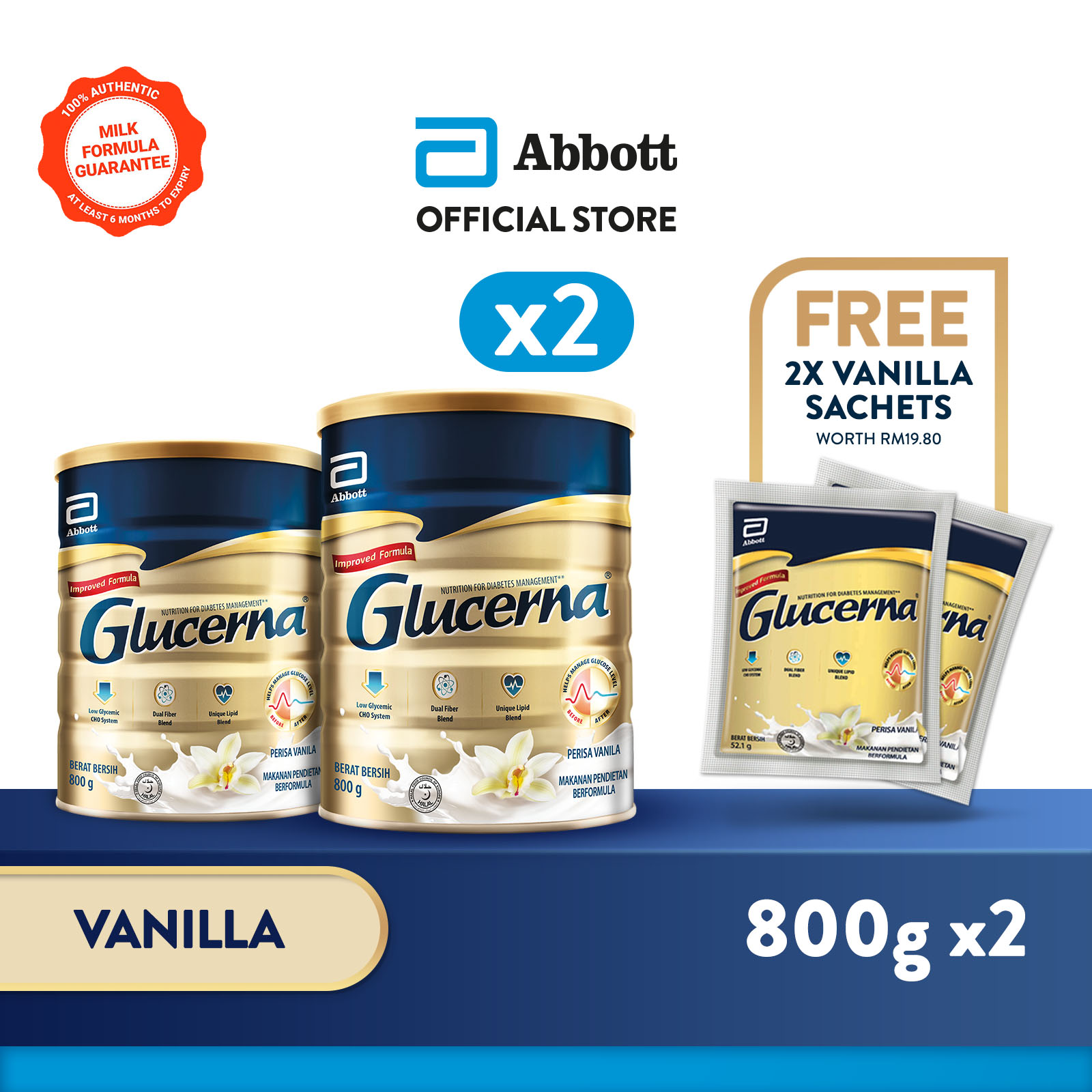 Glucerna Diabetes-Specific Formula - Vanilla (800g x 2) FOC 2 Sachets ...