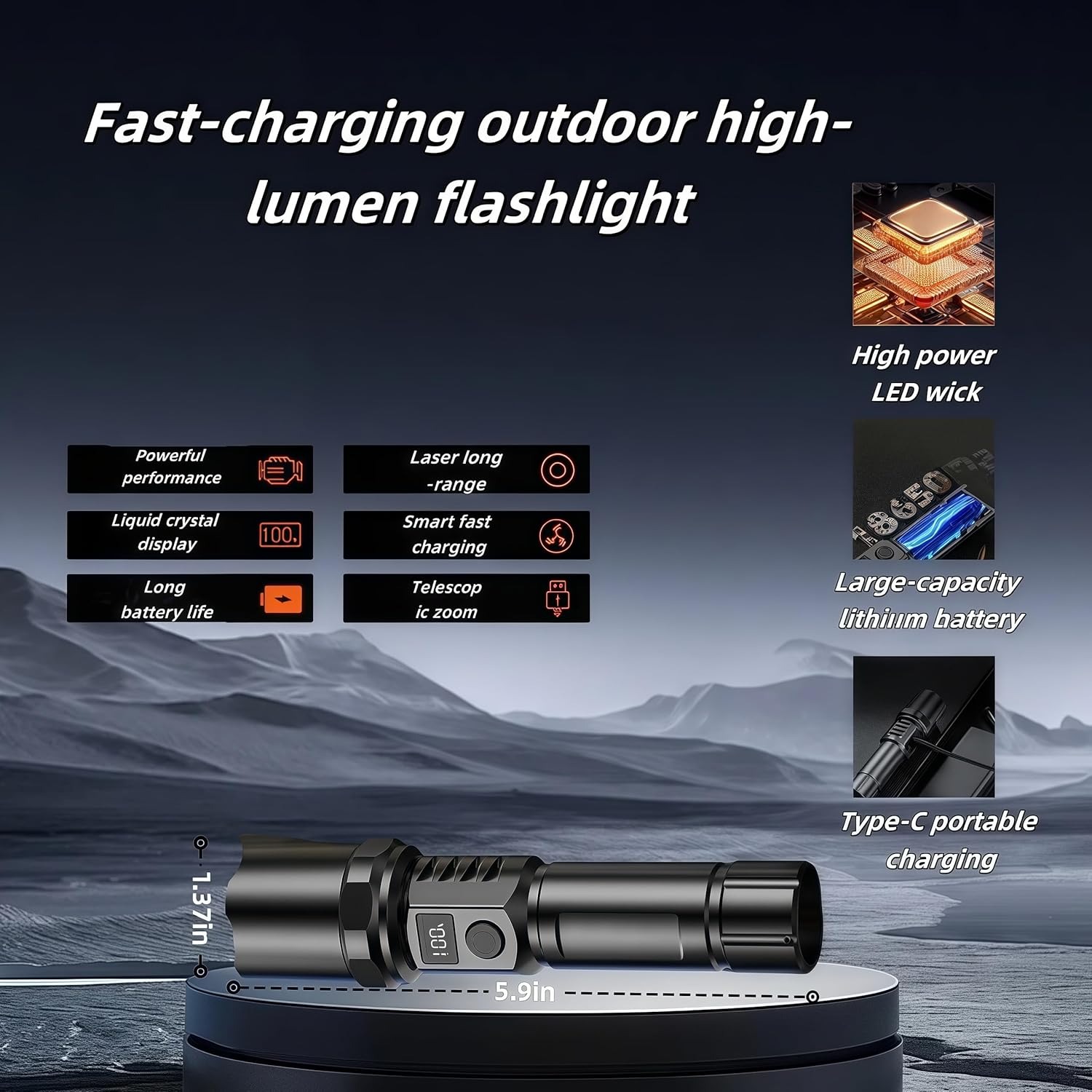 Usb Rechargeable Led Flashlight with Zoom and Power Display, Super ...