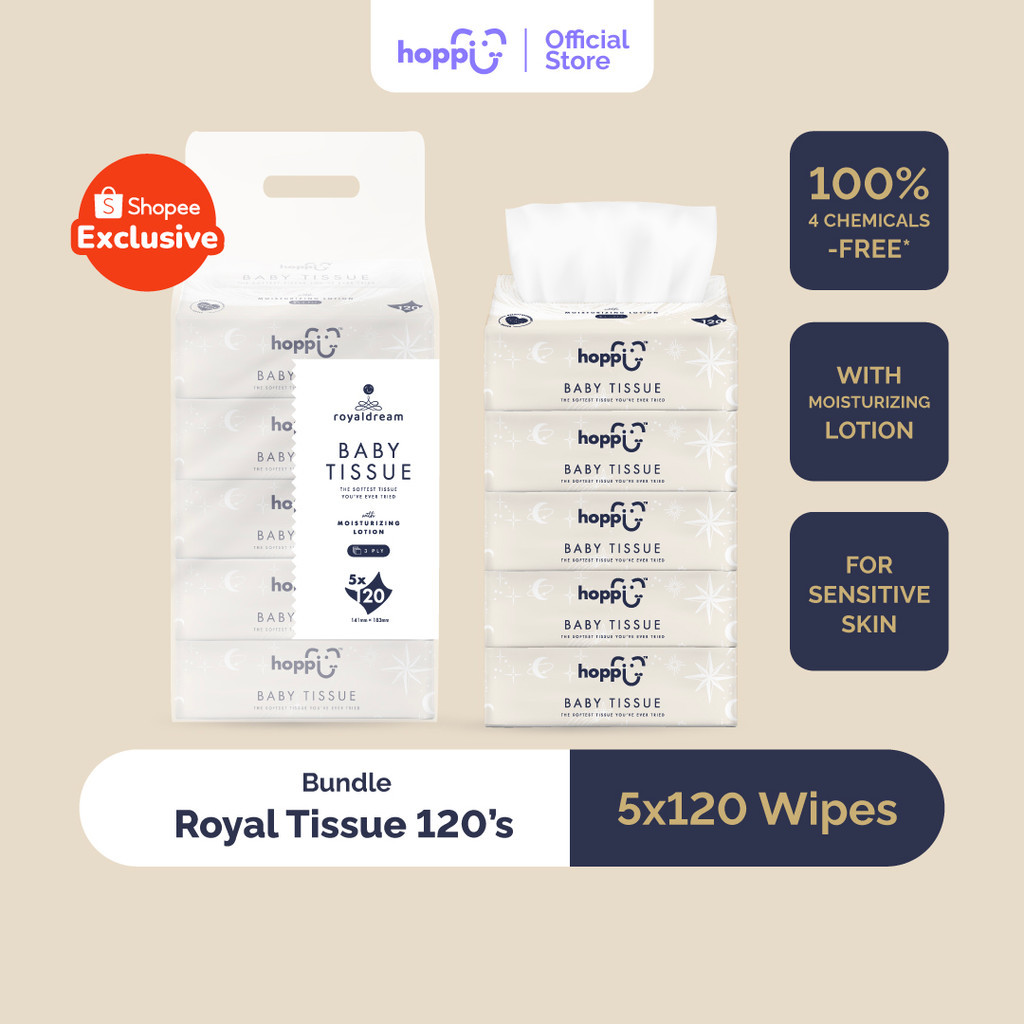 [SHOPEE EXCLUSIVE] Hoppi RoyalDream Softest Baby Tissue 120 sheets - 5 ...
