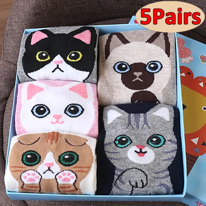 5 Pairs Cute Comfortable Cartoon Cat Socks Women-Breathable Sweat ...