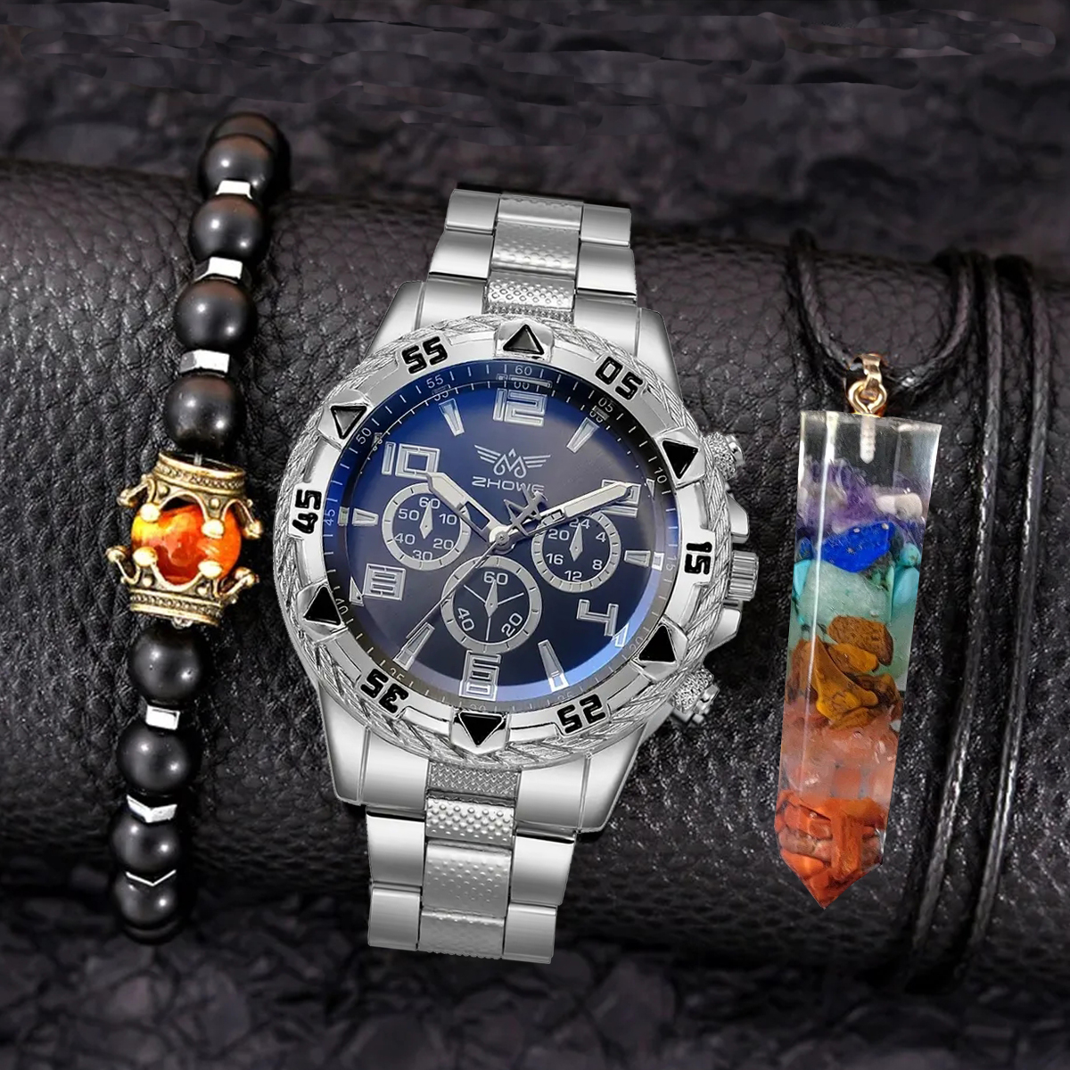 3pcs/set fashion new men's steel band quartz watch + bead bracelet ...