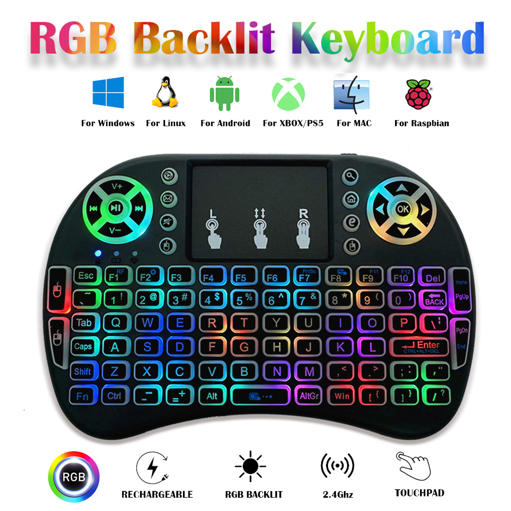 I8 Mini 2 4g Wireless Keyboard English Lithium Rgb Colorful Backlit Air Mouse With Touchpad For