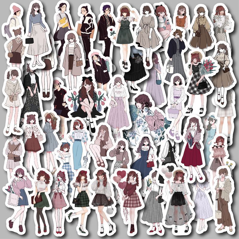 50pcs Cute Illustration Girl Laptop Stickers for Water Bottle Washi ...
