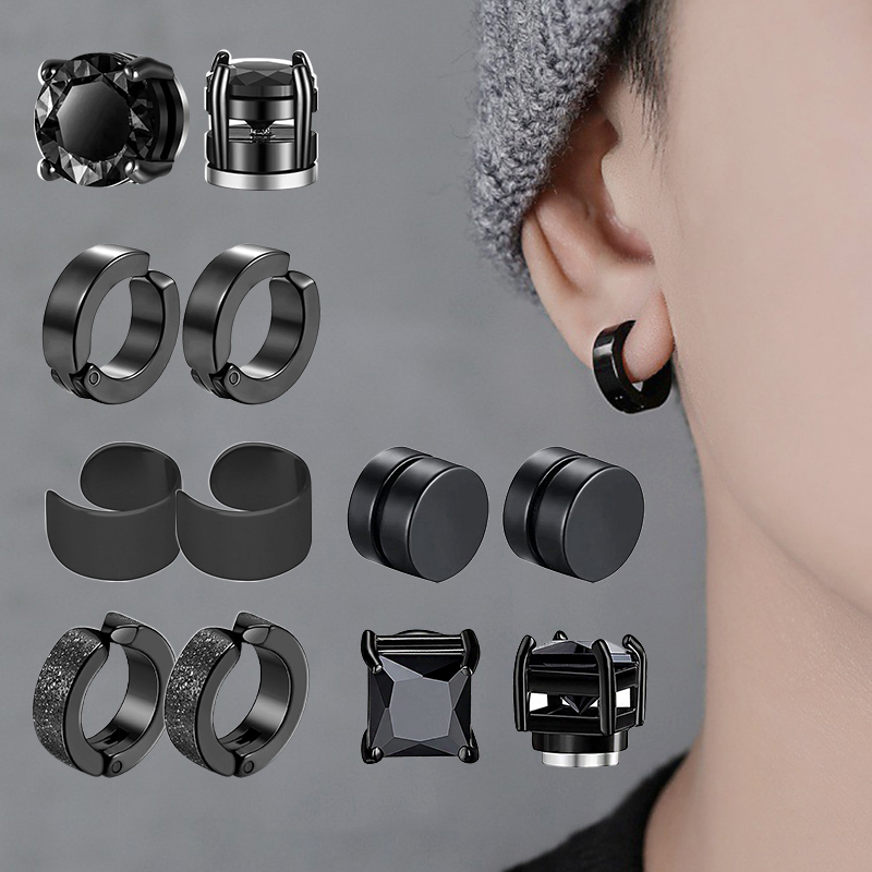 1 Pair Of 6Mm Black Stainless Steel Earrings Strong Magnetic Zirconia ...