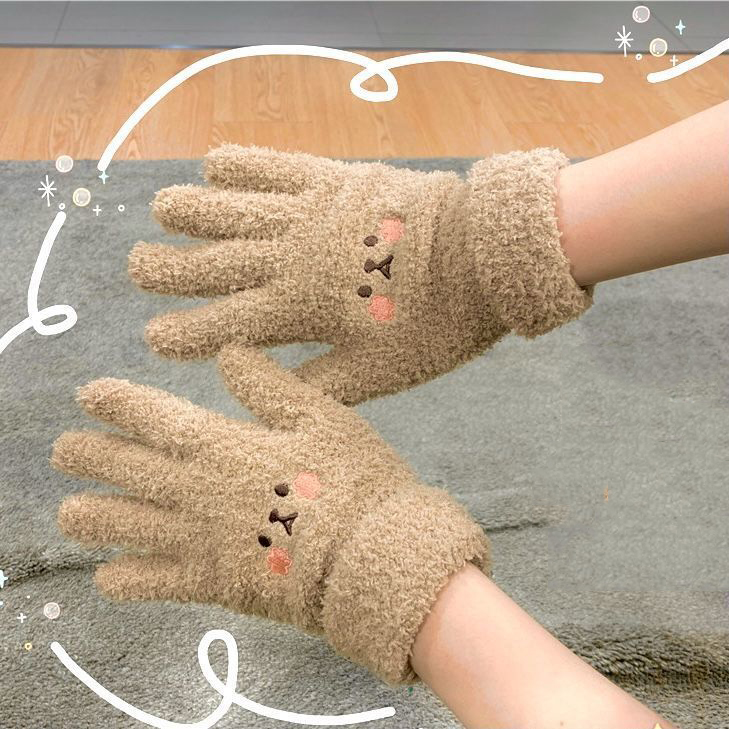 Stylish Bear Embroidered Plush Gloves Thick Warm Full Finger Mittens ...