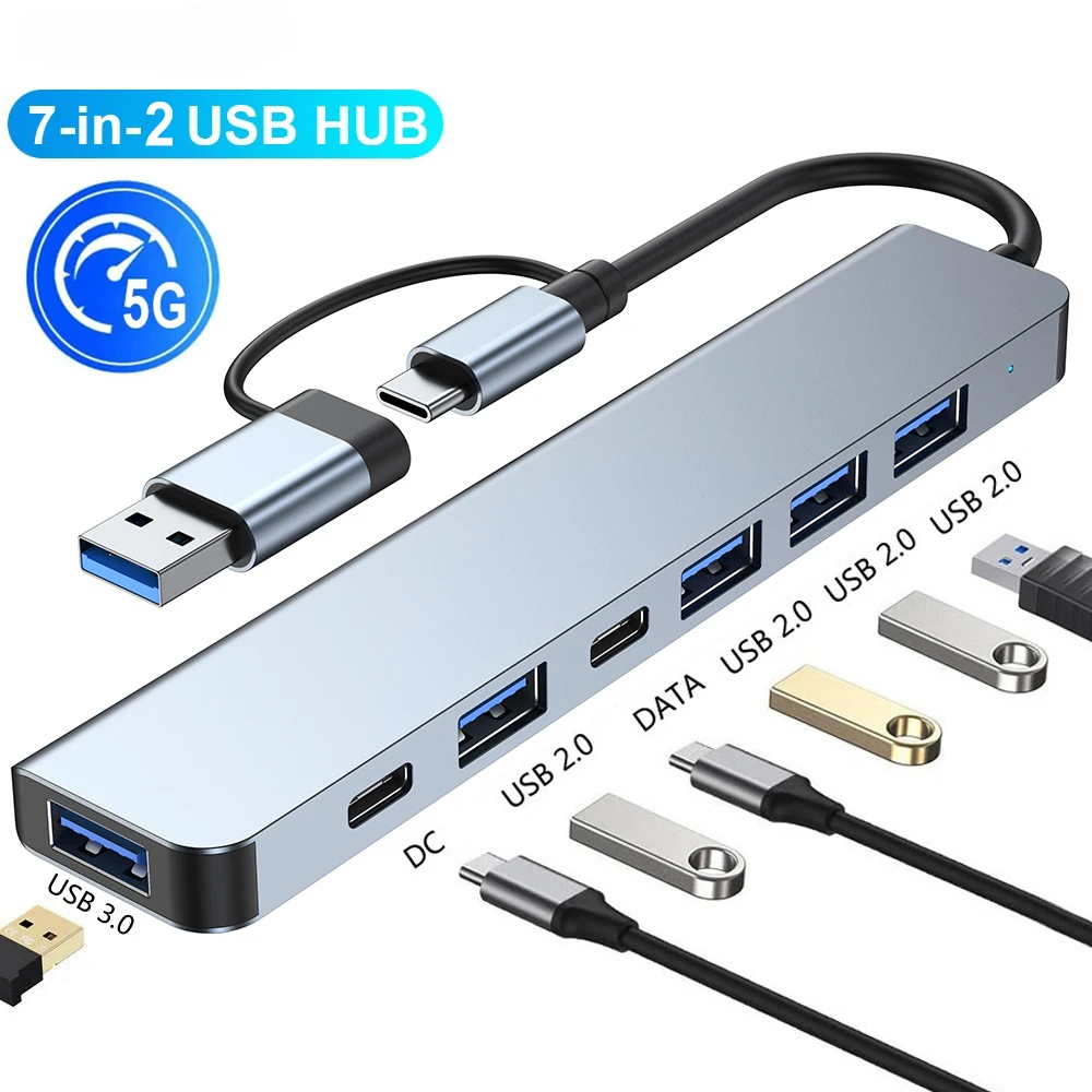 7-in-2 USB HUB TYPE-C Concentrator USB C Docking Station 5Gbps Multi ...
