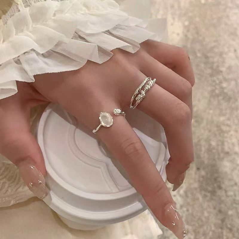 White Moonlight two-piece set, double-layered ring, moonstone ring ...