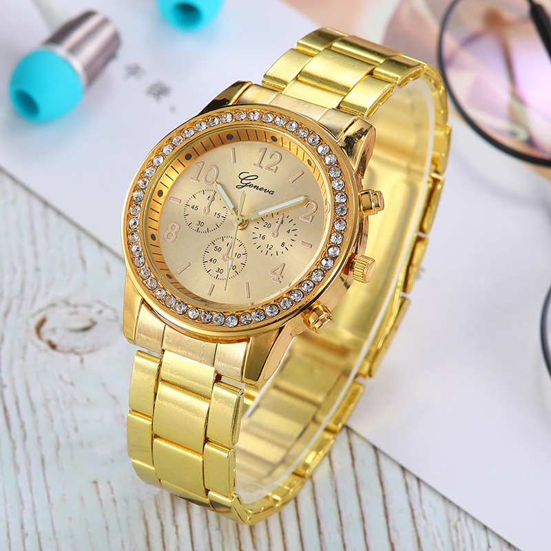 Geneva diamond three eyes six needle fashion steel belt men's and women ...