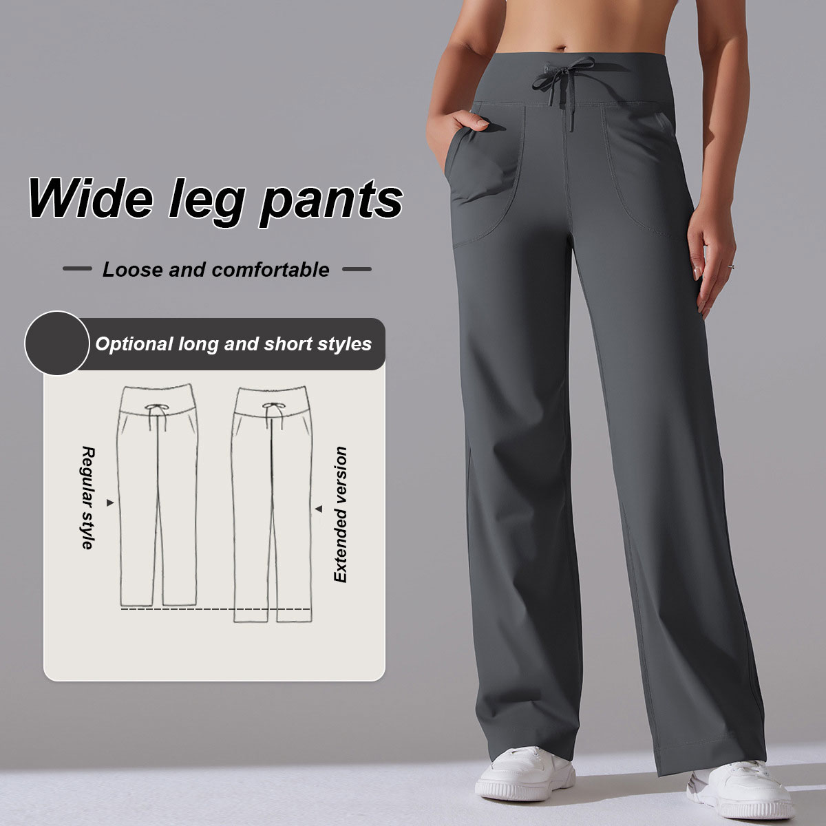 Fashionable solid color elastic waistband sports drawstring wide leg ...