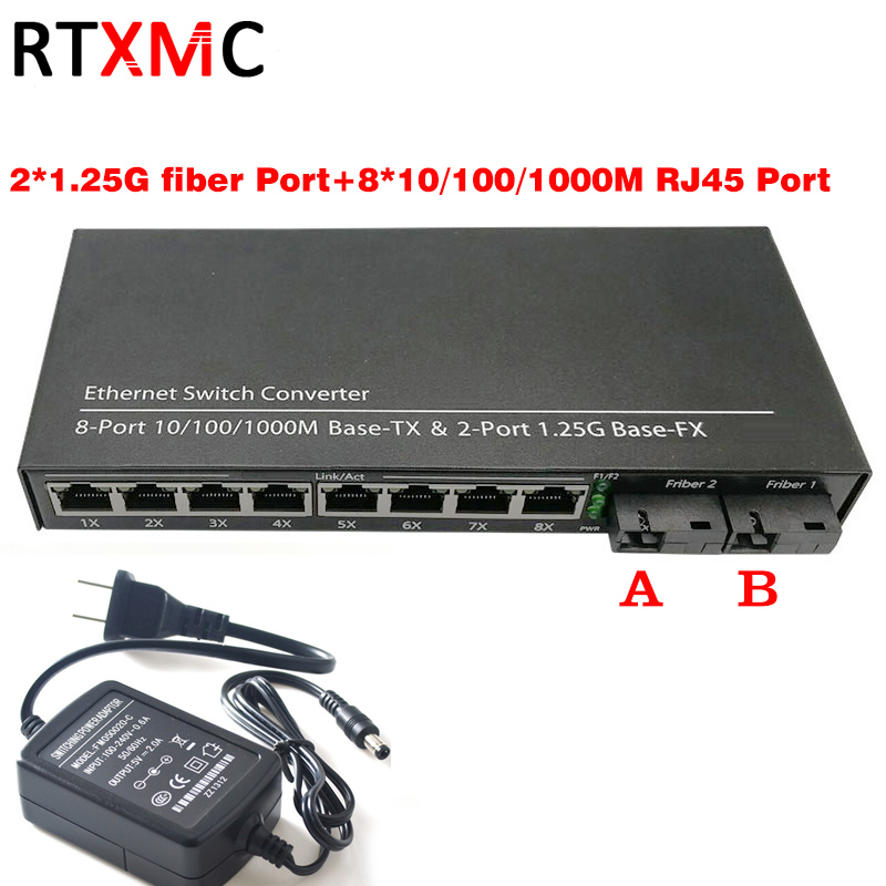 10/100/1000M 8 RJ45 UTP and 2 SC fiber Port Fiber Optical Media Converter Gigabit Ethernet ...
