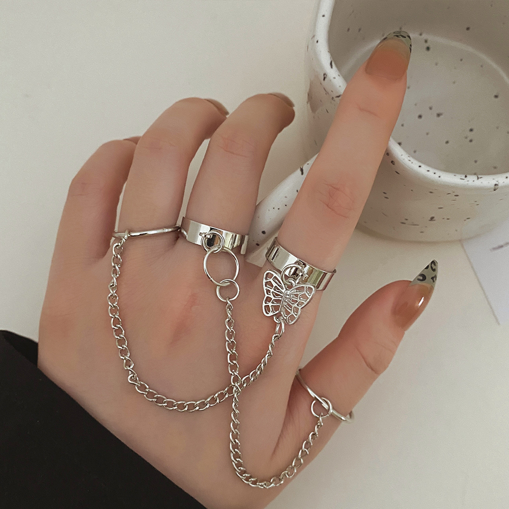 2pcs Trendy Cool Butterfly Metal Ring Chain Conjoined Ring Design Feel ...