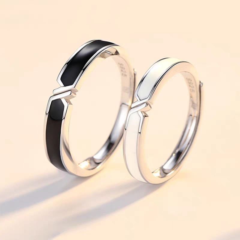S925 Silver Black White Bond Couple Ring Opening Adjustable Men Women Fashion Couple Ring ...