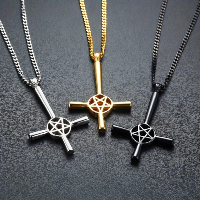 New Inverted Cross Pentagram Star Pendant Necklace for Men Lucifer ...