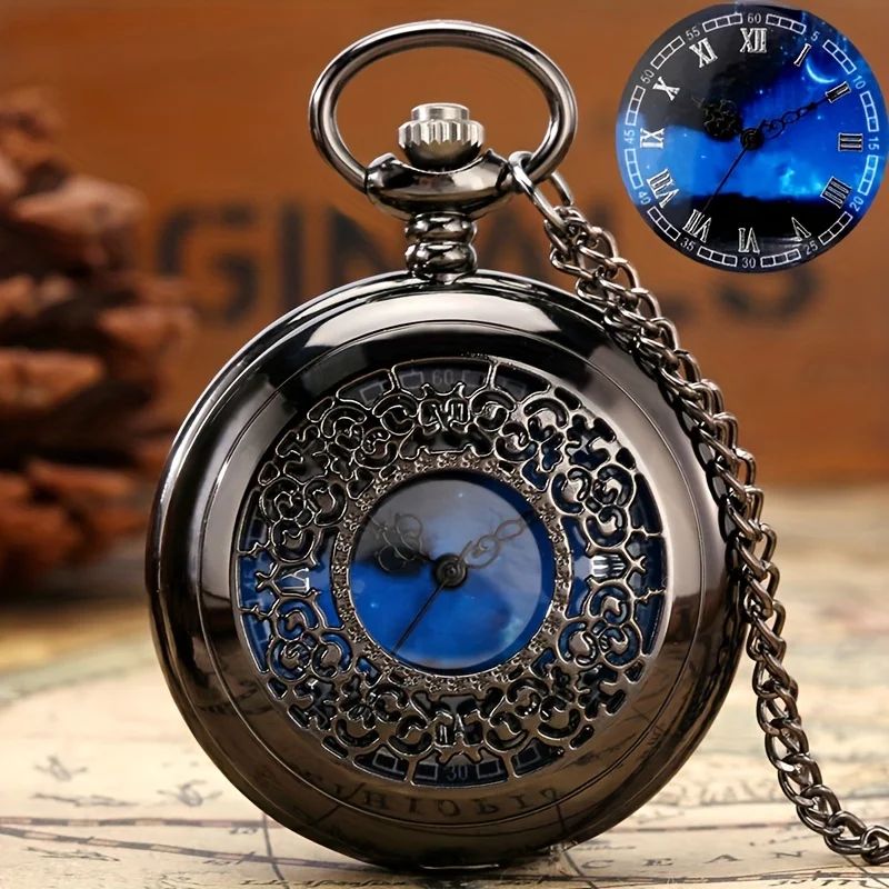 New New Starry Blue Dial Pendant Bronze Hollow Quartz Pocket Watch ...