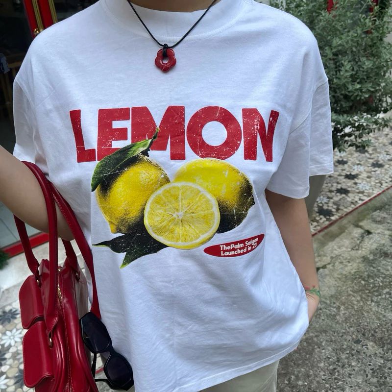 Women Summer Casual Lemon Pattern T-Shirt Short Sleeve Loose Top ...