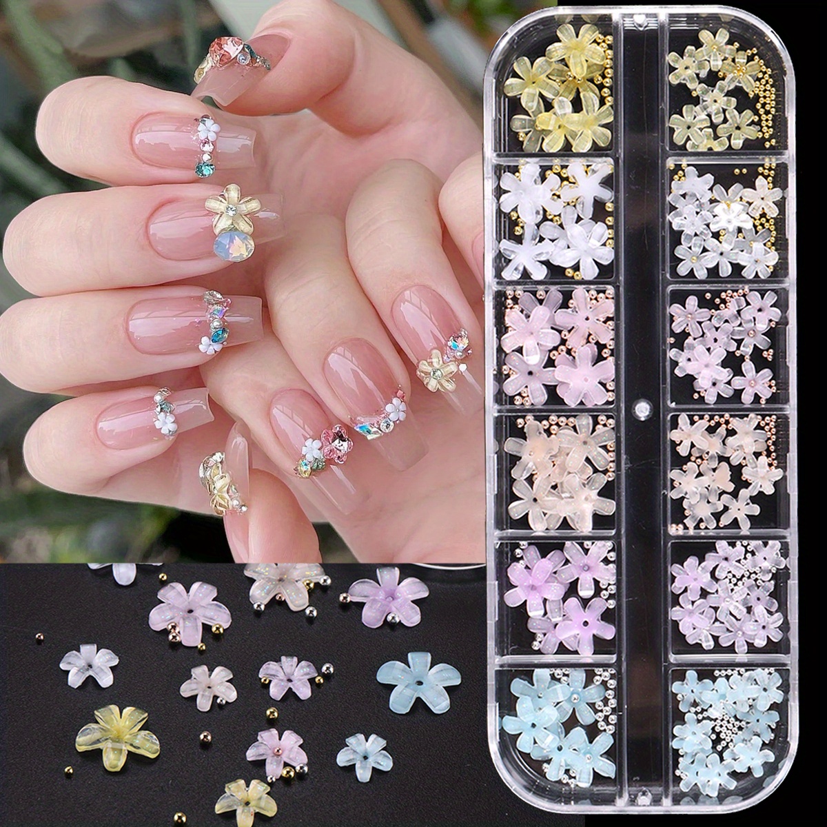 12 Grids Sparkling Colorful Crystal Flower Nail Art Decorations Five ...