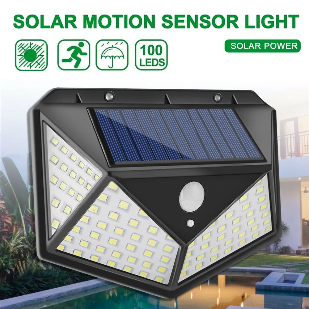 100 LED Solar Wall Lamp 3 Modes All Sides Luminous Motion Sensor Human ...