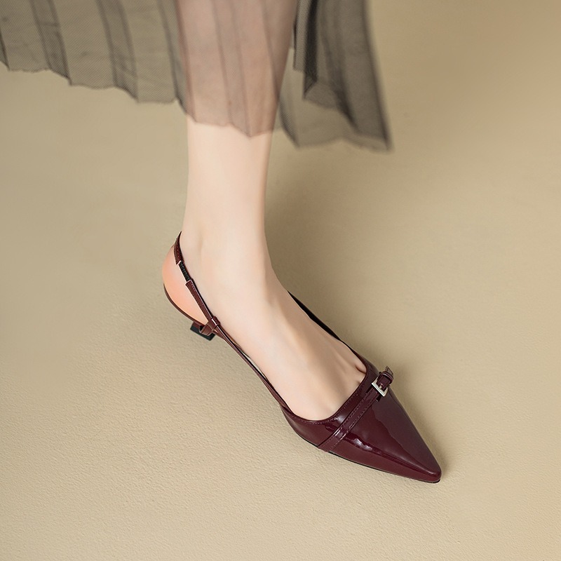Wine Red Pointed Toe Patent Leather Mid-Heel Toe-Covered Sandals Women ...