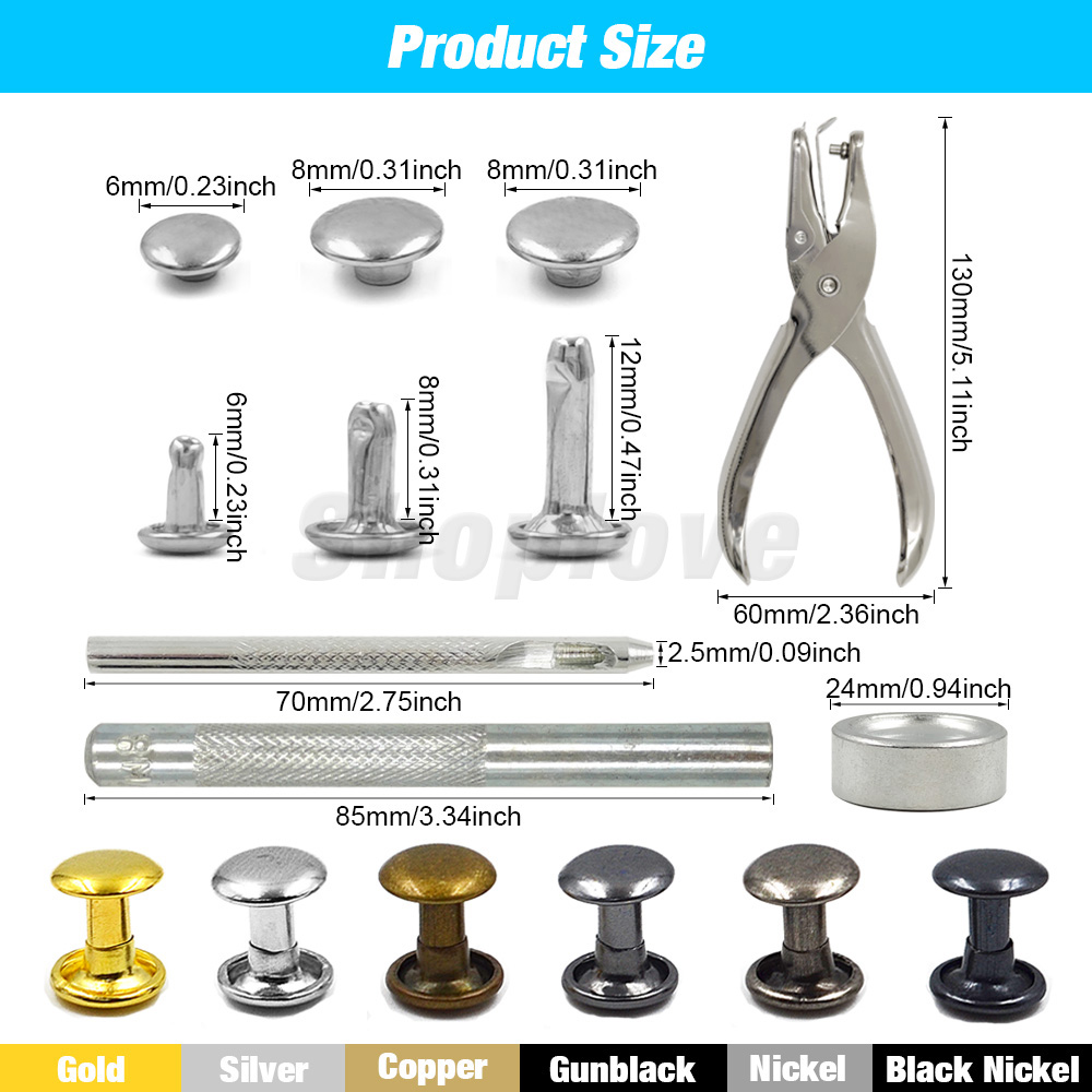 New 6/8mm Metal Double Cap Rivets Studs Round Rivets with Tool Kit for ...