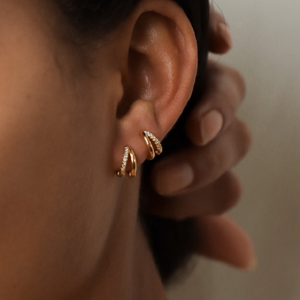 Retro 18k Gold Plated Double Layered Zircon Hoop Earrings for Women Accessories Hypoallergenic ...