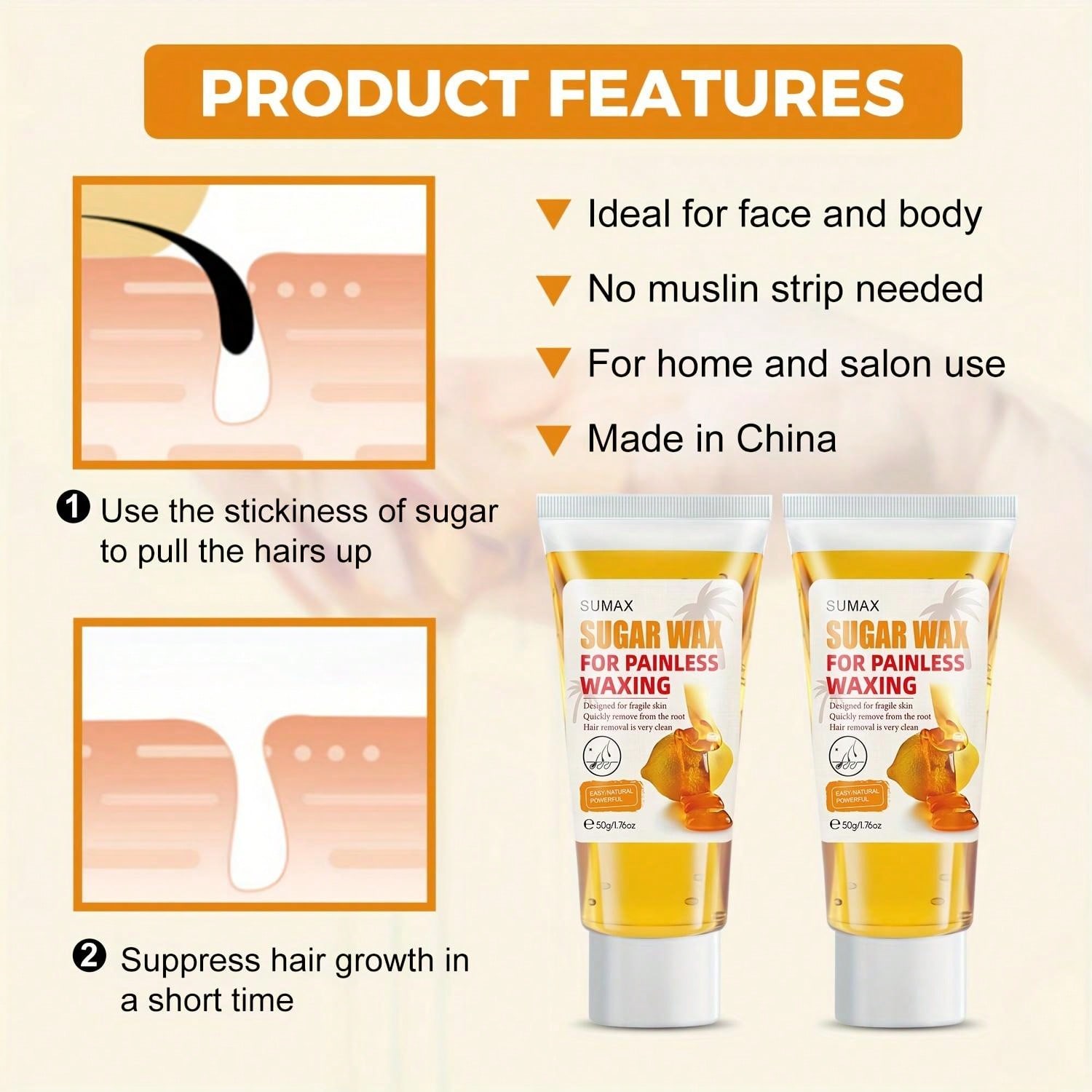 50g hair removal wax + 2 wooden sticks + 3pcs hair removal paper ...