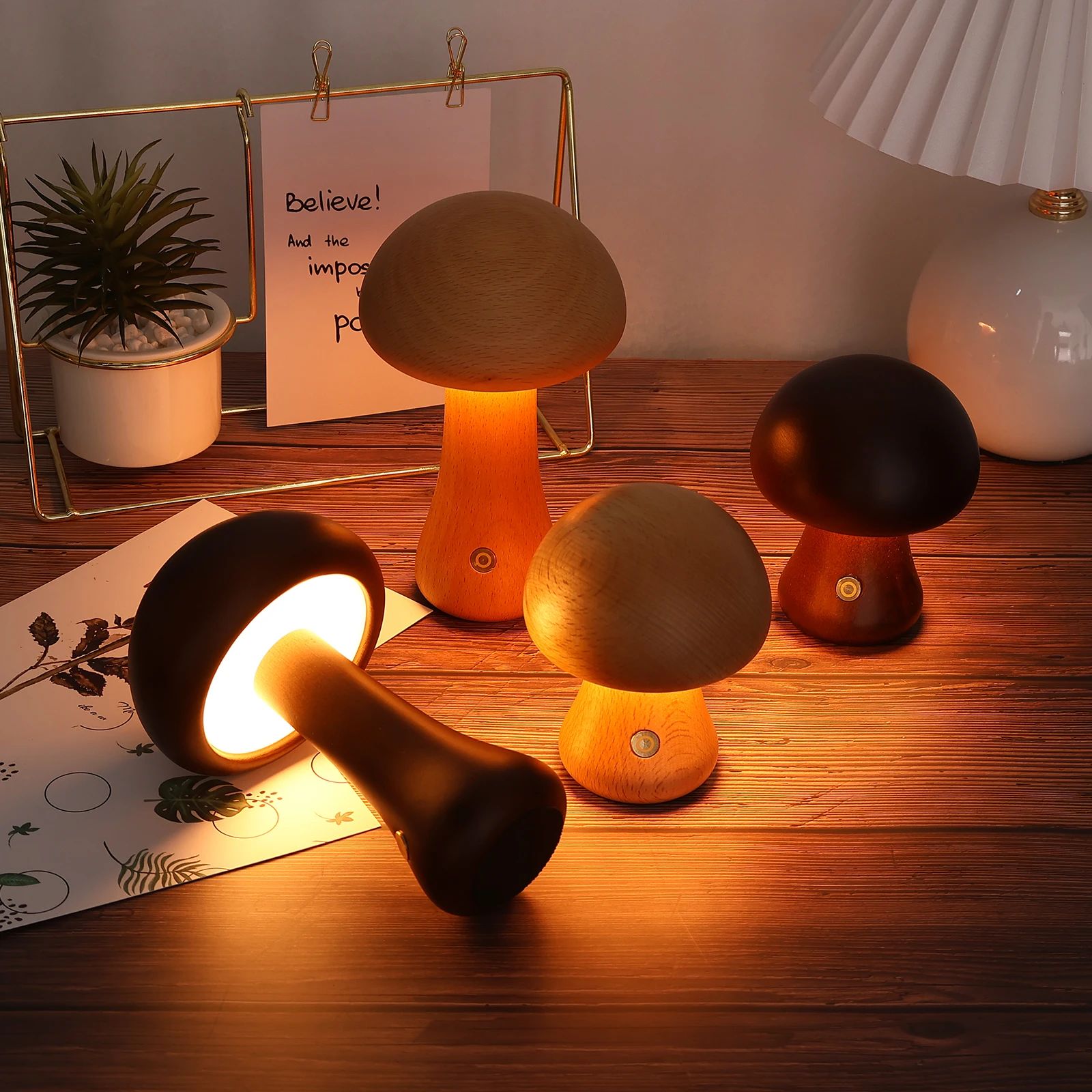 INS LED MINI Night Light With Touch Switch Wooden Cute Mushroom Bedside ...