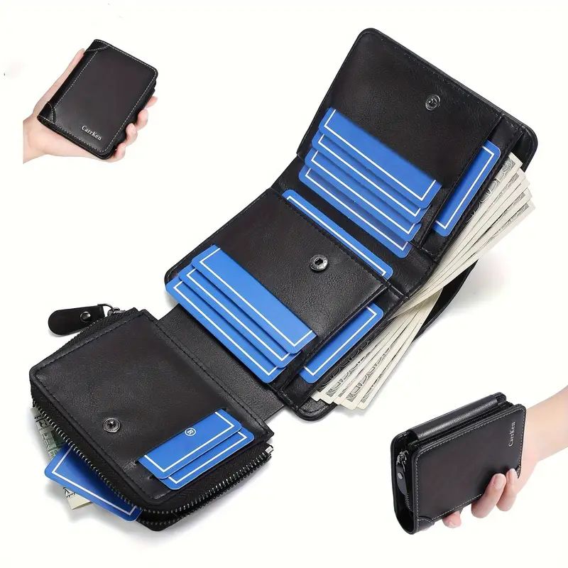 CarrKen Men's Leather Wallet Tri-Fold Short Vintage Card Holder with ...