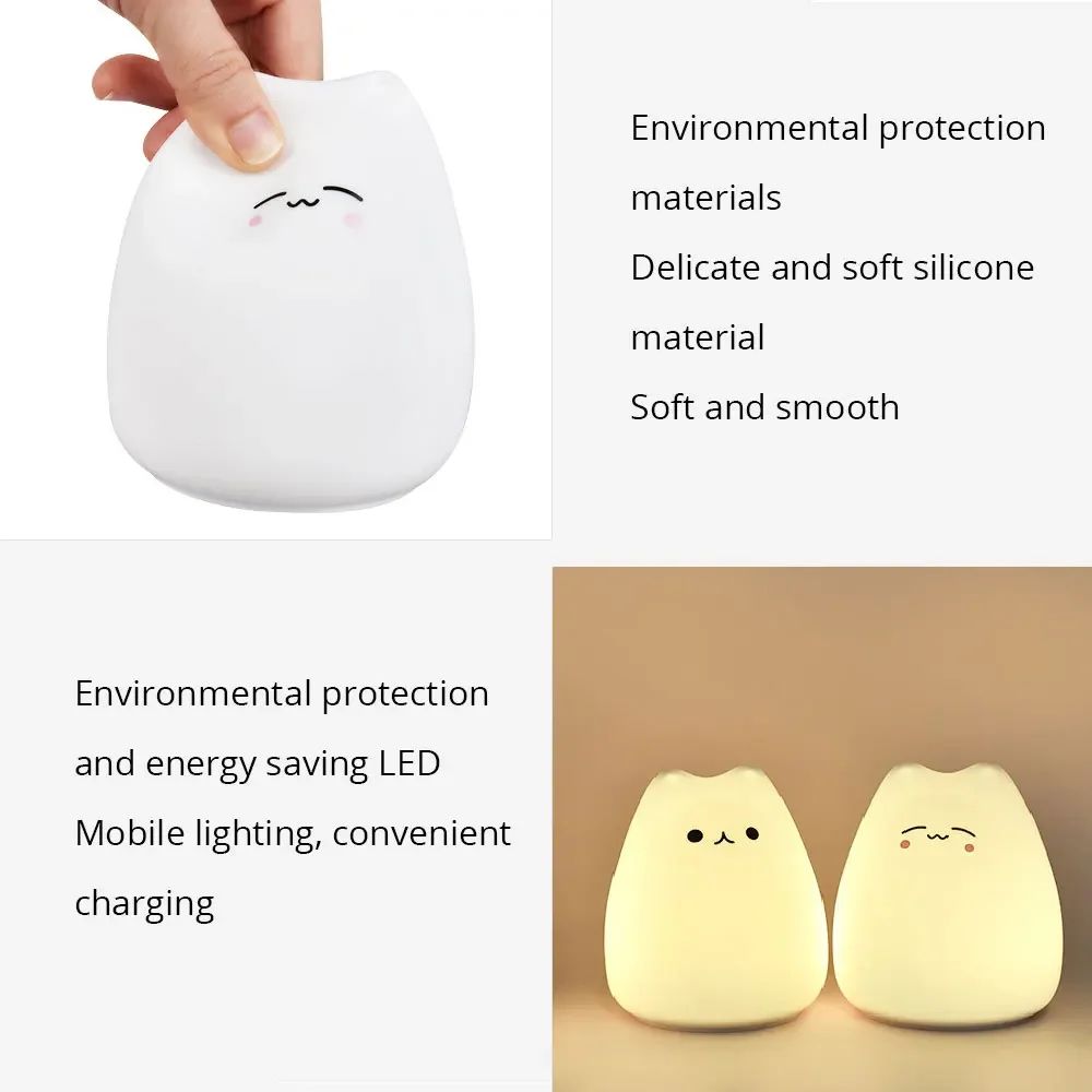 Cute Silicone Cat Night Light Lamp Colorful Gradient Led Touch Sensor ...