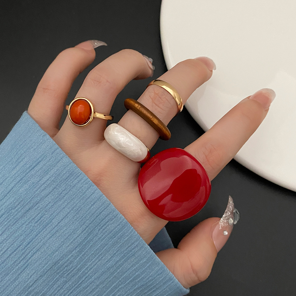 5-piece Set Exaggerated Unique Creative Red Wide-Faced Resin Ring Set ...