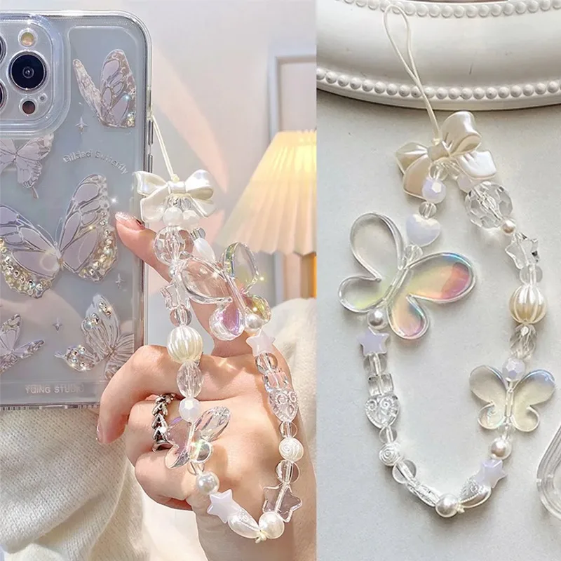 Crystal Butterfly Beaded Mobile Phone Bracelet Strap Cellphone Wrist ...