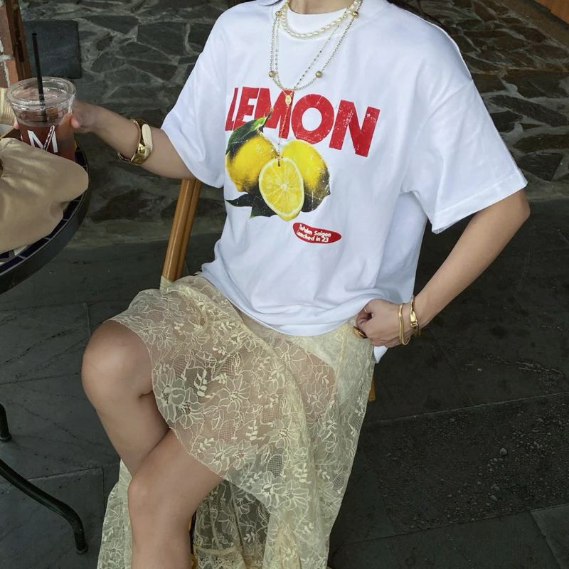 Women Summer Casual Lemon Pattern T-Shirt Short Sleeve Loose Top ...