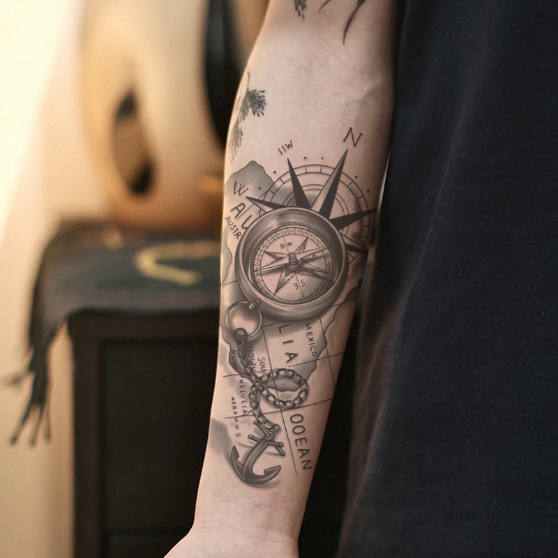 Compass & Anchor Temporary Tattoo - Waterproof Realistic Design, Long ...