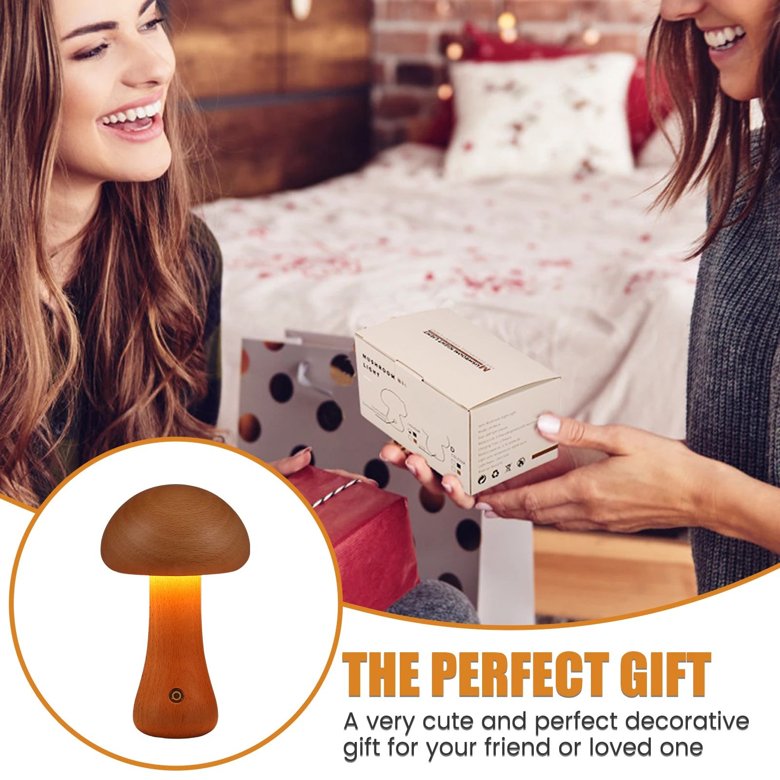 INS LED MINI Night Light With Touch Switch Wooden Cute Mushroom Bedside ...