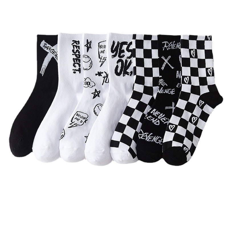 Socks Spring Autumn Style Mid-Tube Socks Black White Checkerboard ...