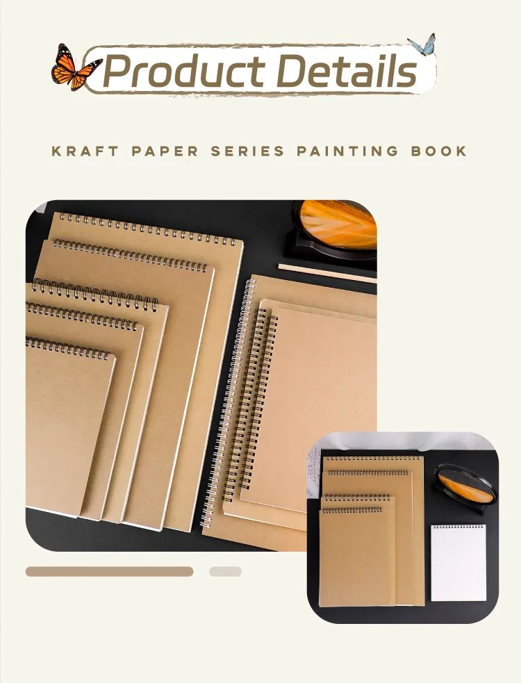 A3/8K/A4/16K/A5 Kraft Paper Sketchbook Spiral Art Notebook Blank Sheets 160GSM HardCover School ...