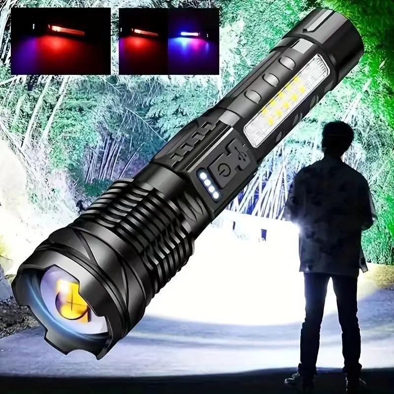 Led Strong Light Flashlight Rechargeable Retractable Zoom with Red/Blue ...