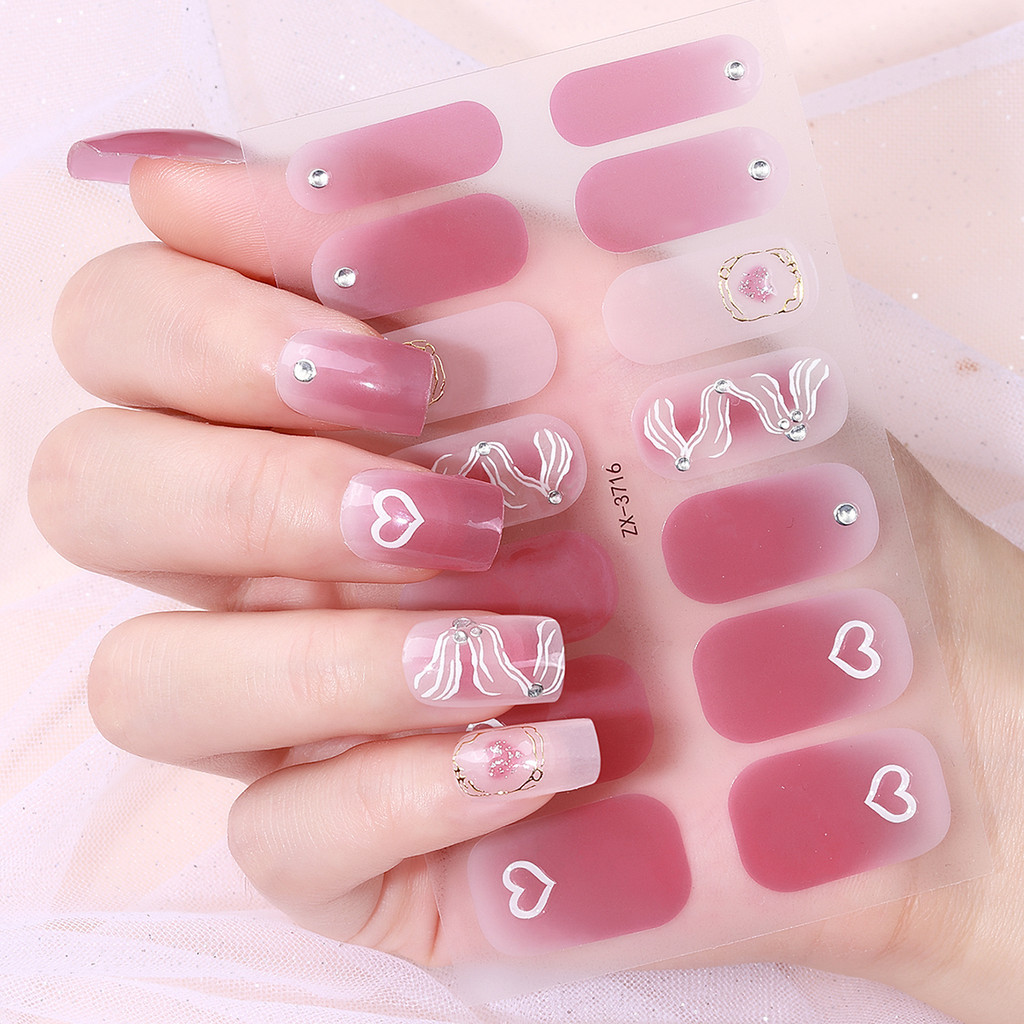 14 Fingers Pink Gradient 3D Nail Stickers Heart Rhinestone Baking-Free ...