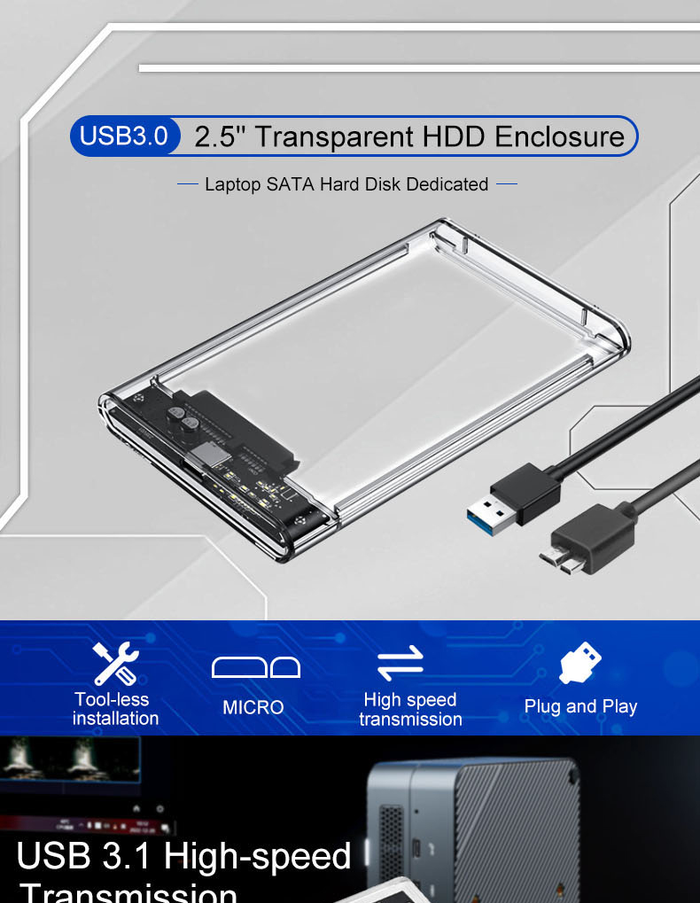 Hard Drive Disk Case Transparent HDD Enclosure 2.5" USB3.0 TO Micro Cable External SATA Box SSD ...