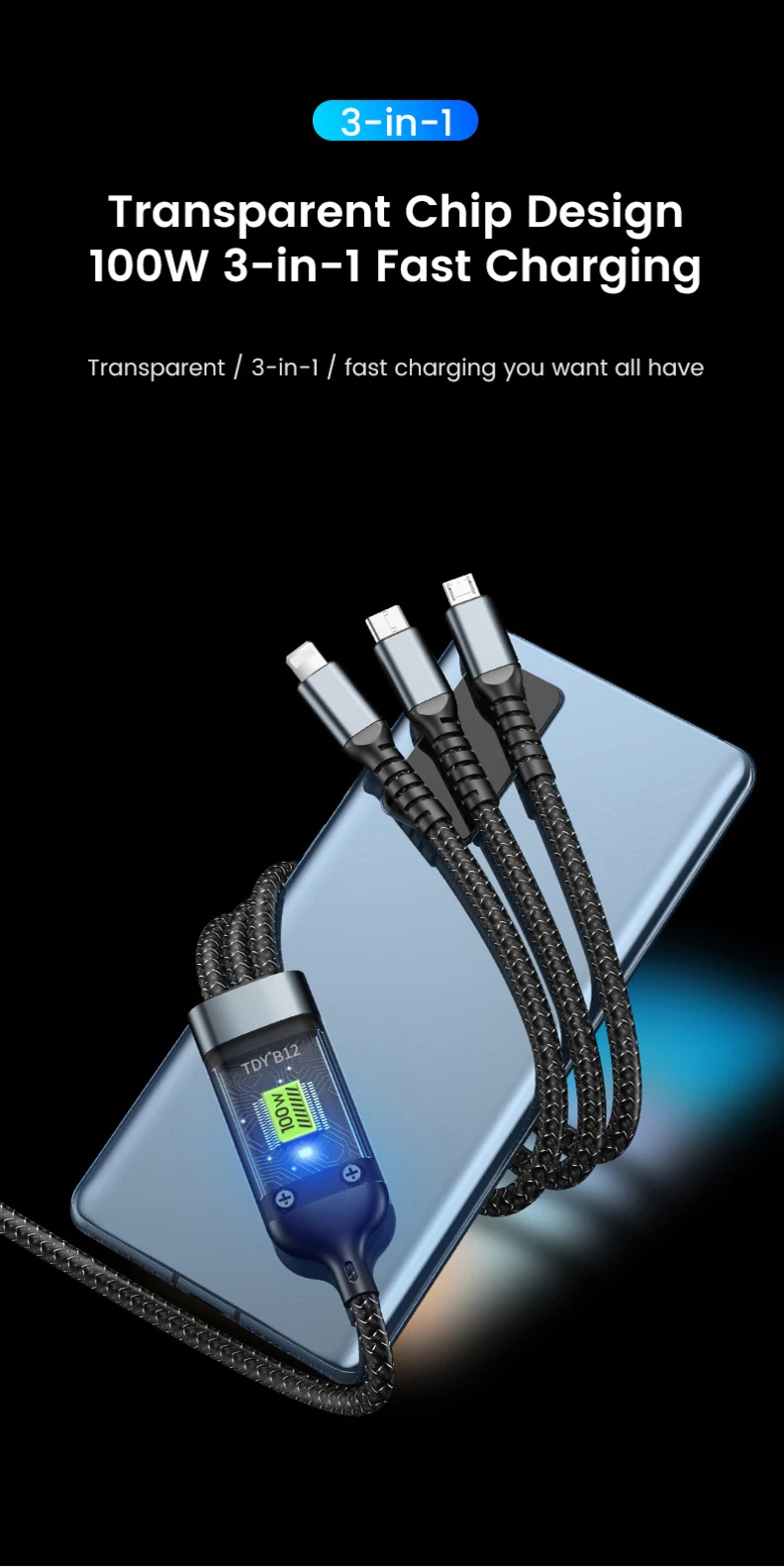 3 In 1 Usb 100w Cable For Fast Charging And Data Mini Usb Type C Micro ...