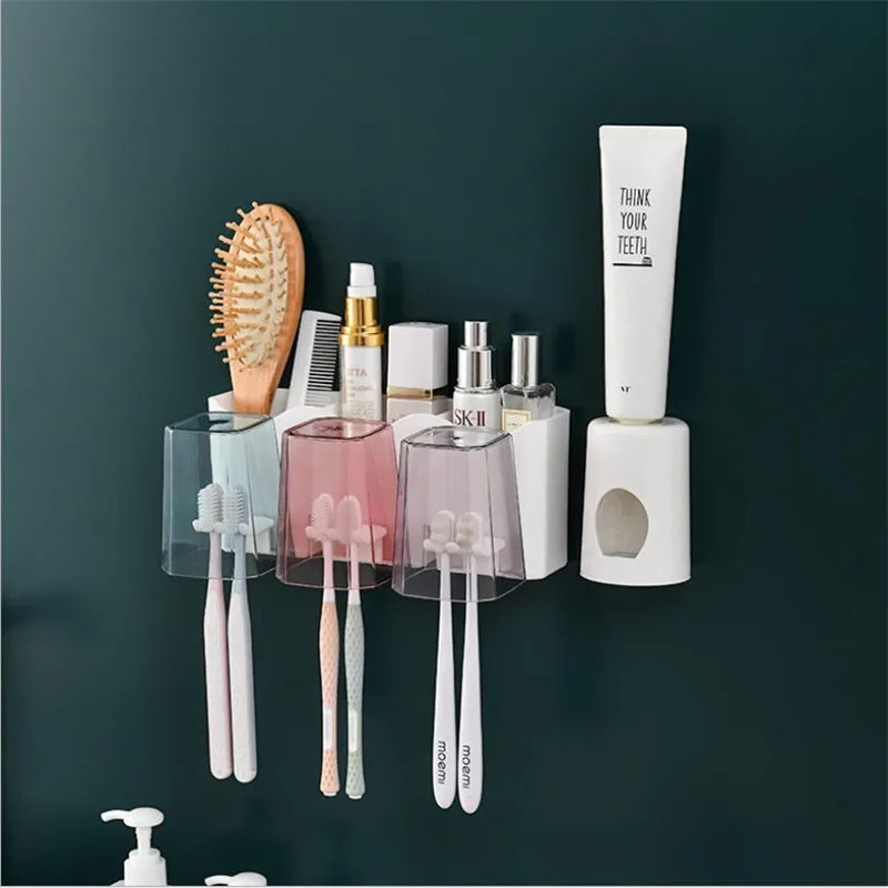 Toothbrush Rack Bathroom Wall-Mounted Punch-Free Tooth Cup Cleaning Kit ...