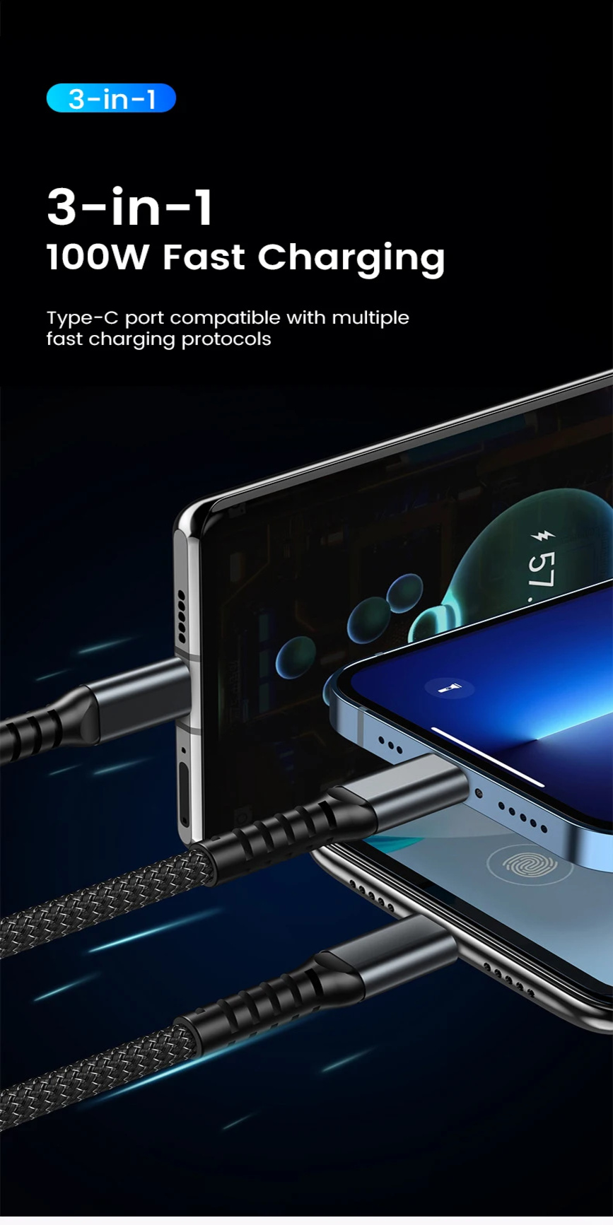 3 In 1 Usb 100w Cable For Fast Charging And Data Mini Usb Type C Micro ...