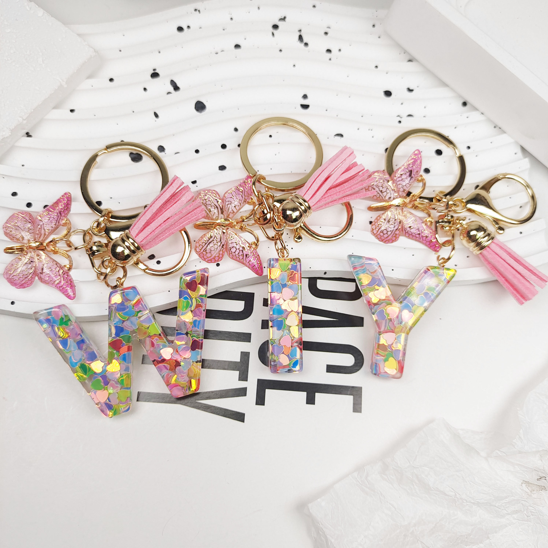 1pcs Fashion Pink Letter Keychain Love Sequins Butterfly Tassel ...