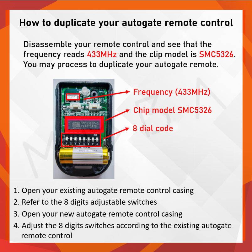 SMC5326 Autogate Remote Control–4-Button Wireless Door Key, 330MHz/433MHz Remote Kunci Pintu ...