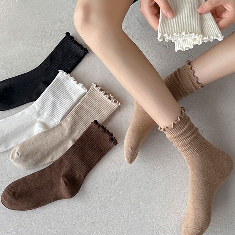 GRUFFYN Solid Color Long Socks Lace Stacked Socks Net Red Curry Wood ...