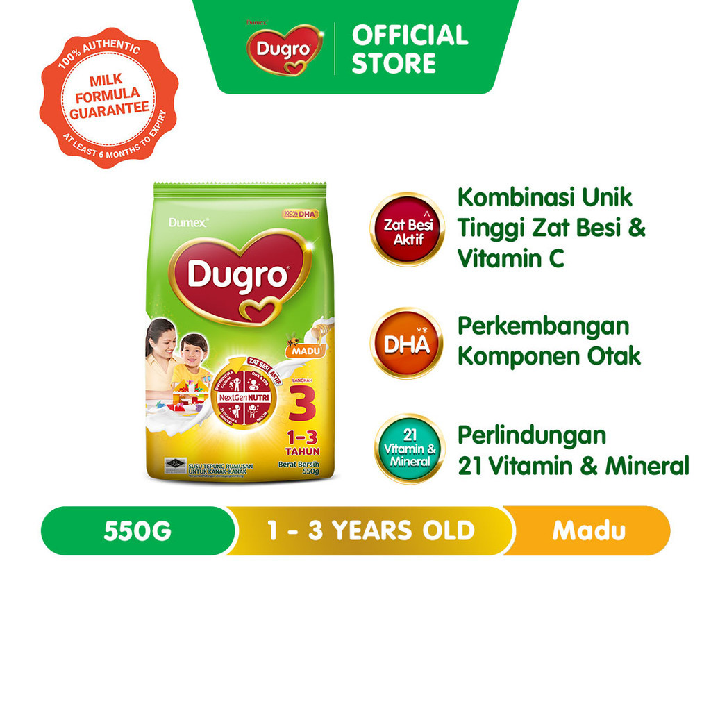 Dumex Dugro Step 3 Honey Growing Up Formula 1-3 Years (550g) | Shopee ...