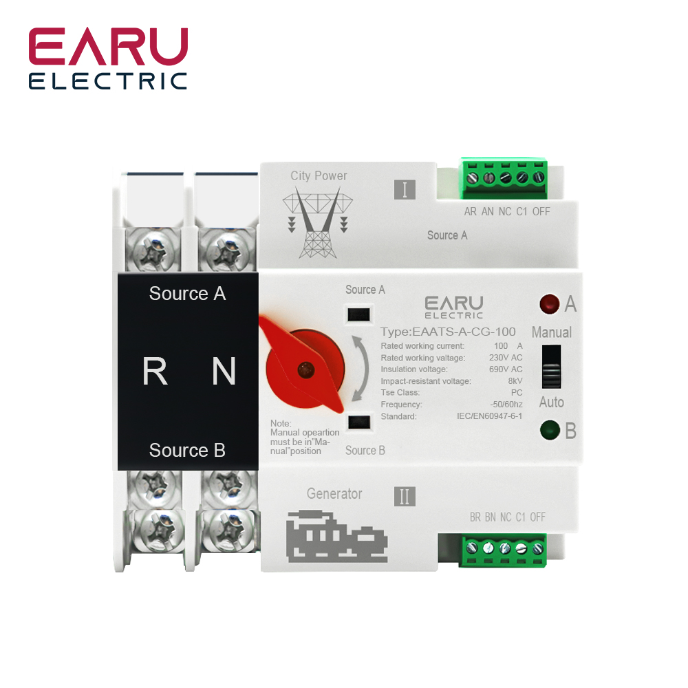 Single Phase Din Rail ATS 220V Dual Power Automatic Transfer Electrical Selector Switches ...