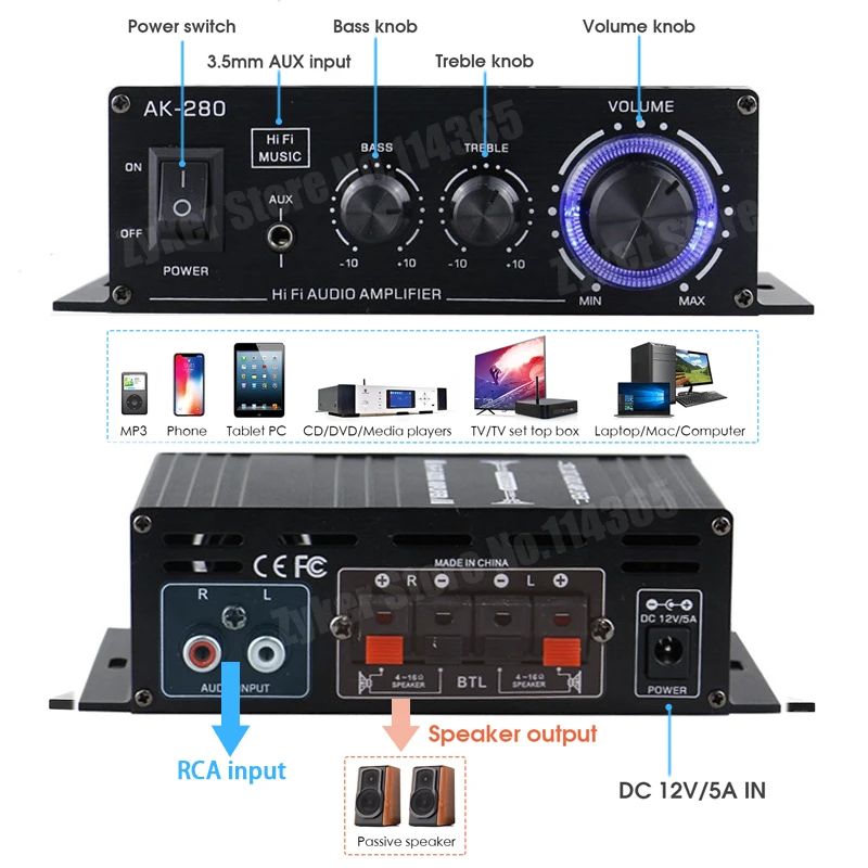AK170 AK270 AK280 Sound Amplifier for Car home Bass 2.0 Channel Hifi ...