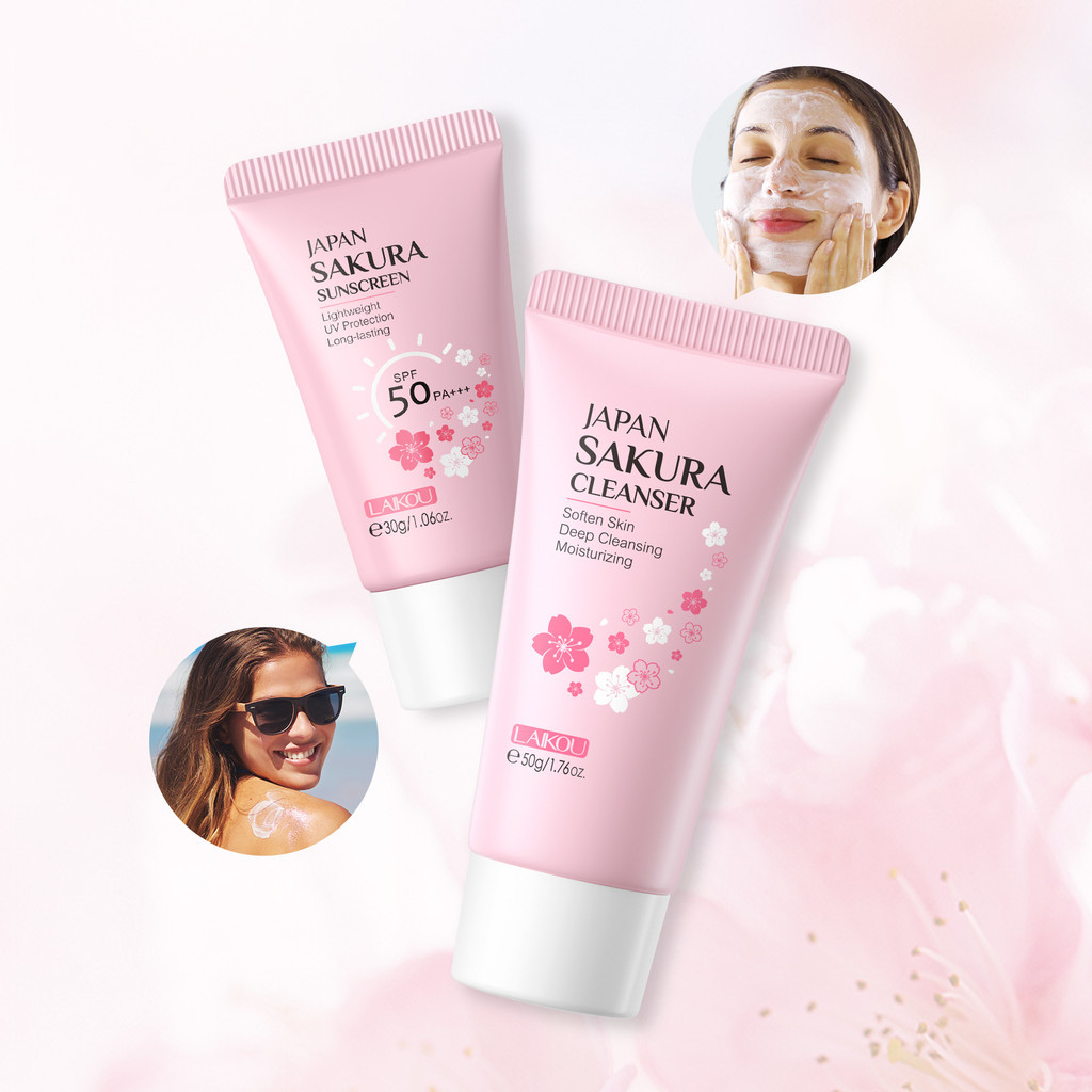 LAIKOU Sakura Cleanser + Sunscreen Set Gentle Cleansing Brighten Skin ...
