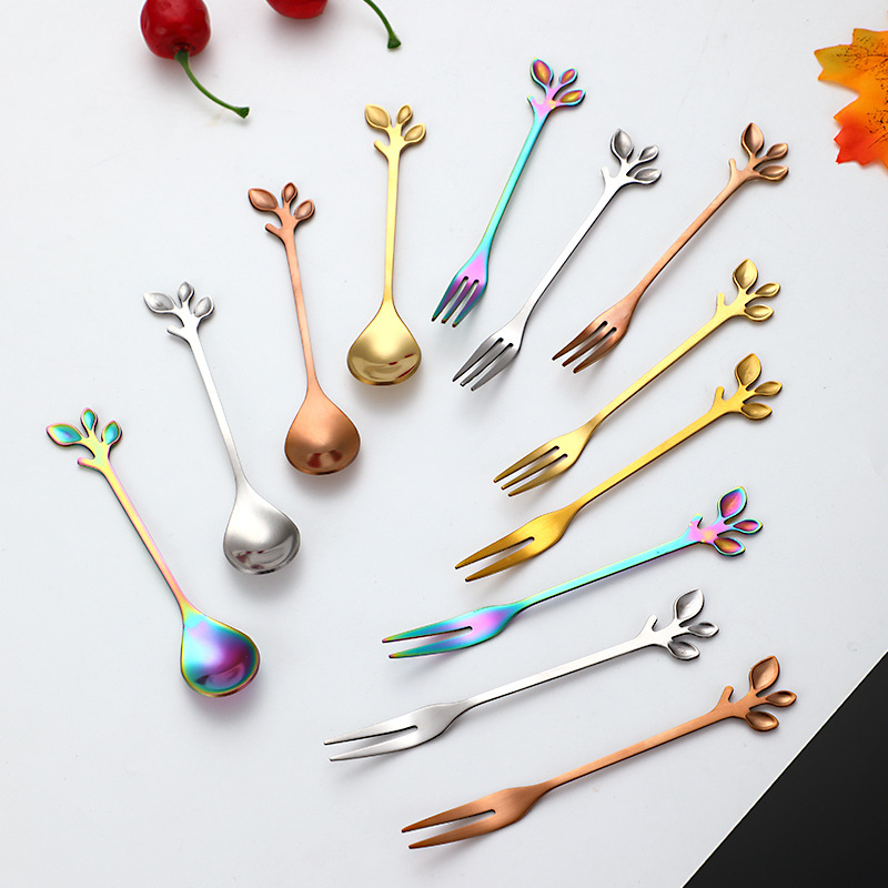 Stainless Steel Coffee Spoon Golden Leaf Spoon Dessert Honey Spoon Bird ...
