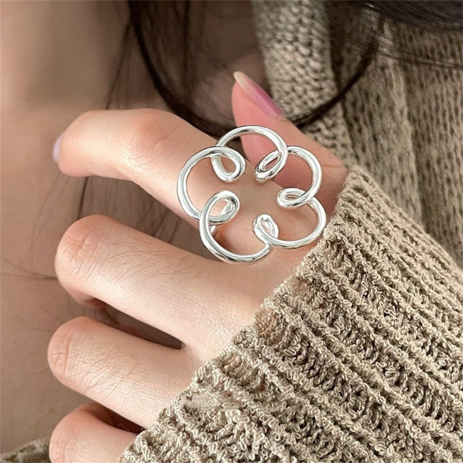 Sweet Cool Flower Ring Female Exaggerated Temperament Geometric Line Winding Open Ring ins Index ...